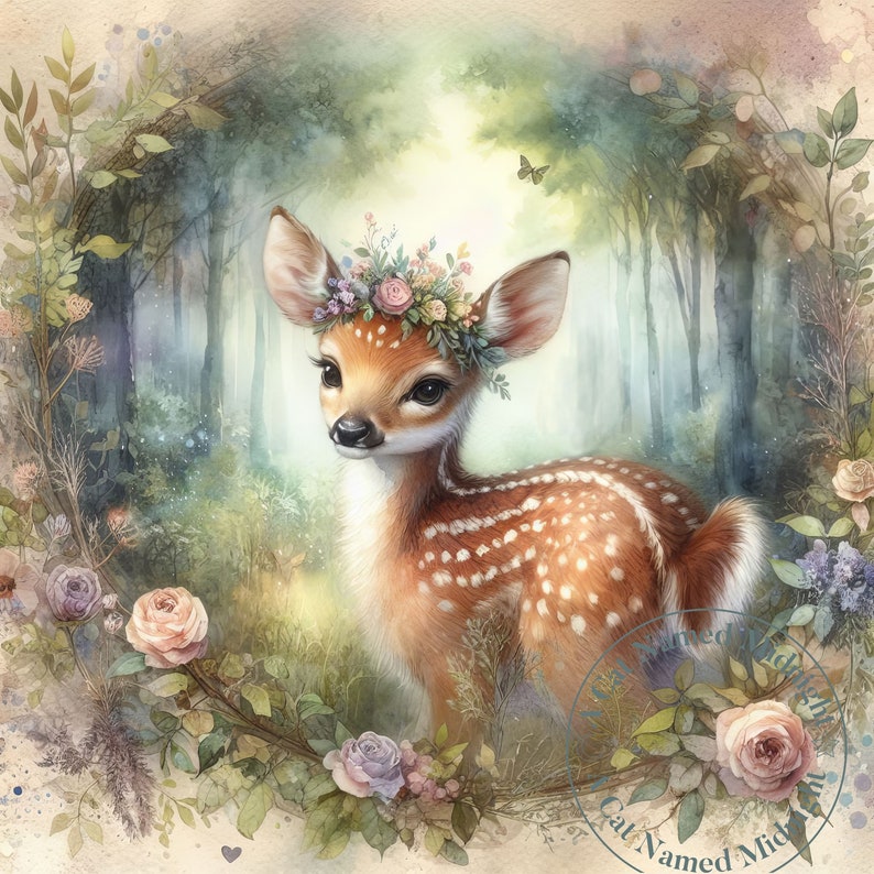 10 Watercolor Baby Deer Clipart Cute Fawn Clip Art Deer in the Woods ...
