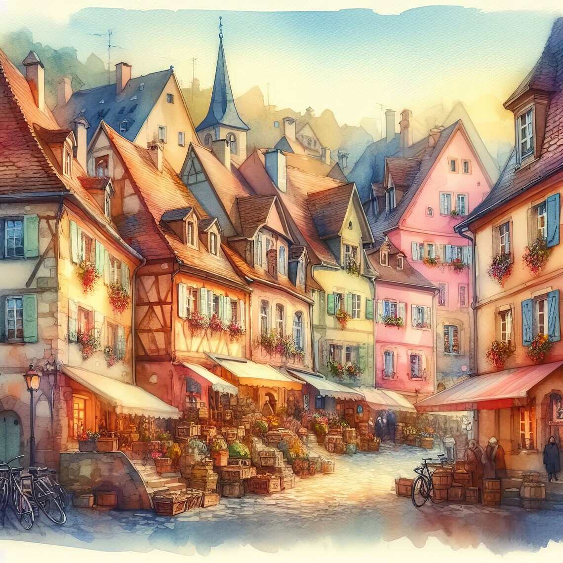 Watercolor French Village Clipart Bundle Vintage Clip Art Coloful House ...
