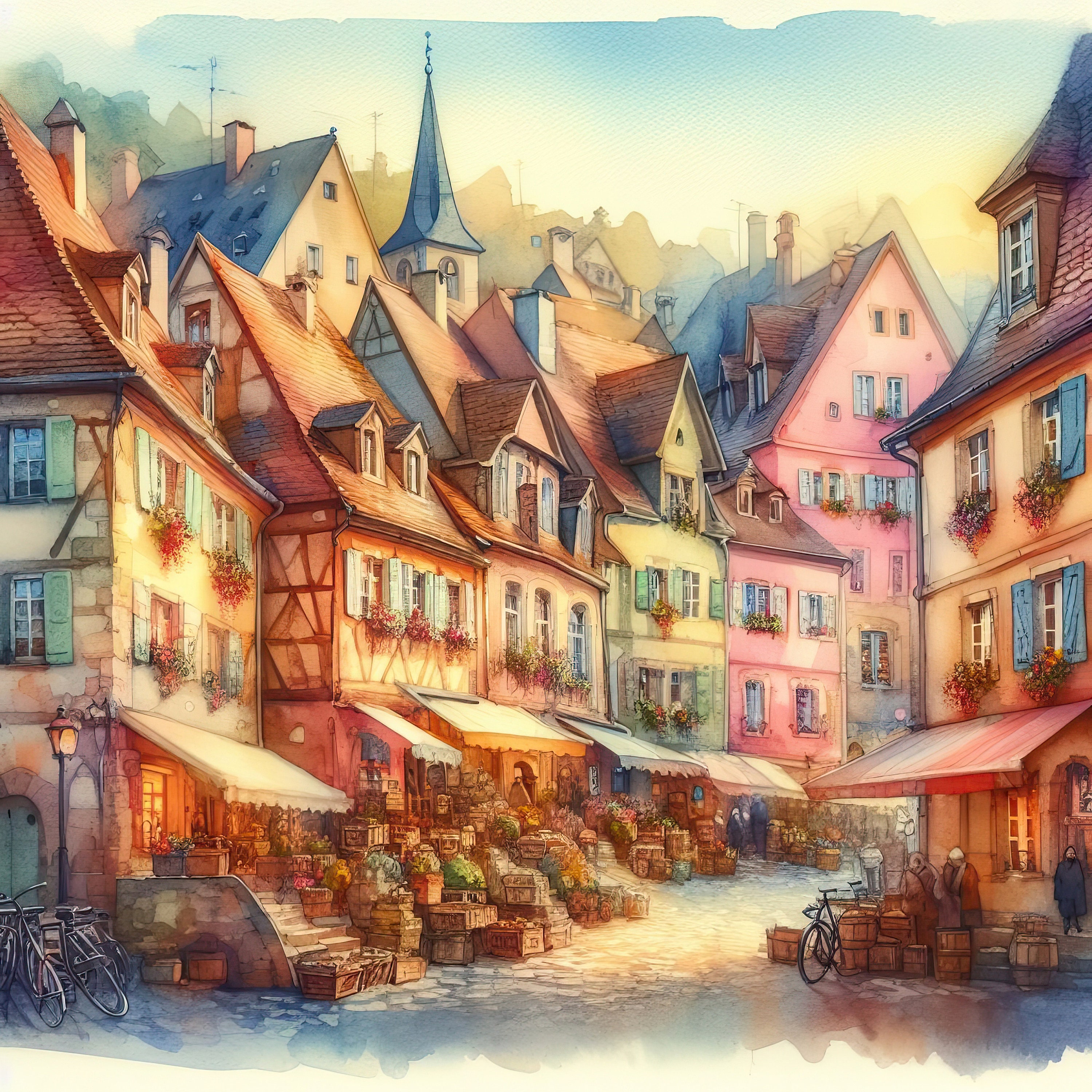 Watercolor French Village Clipart Bundle Vintage Clip Art Coloful House ...