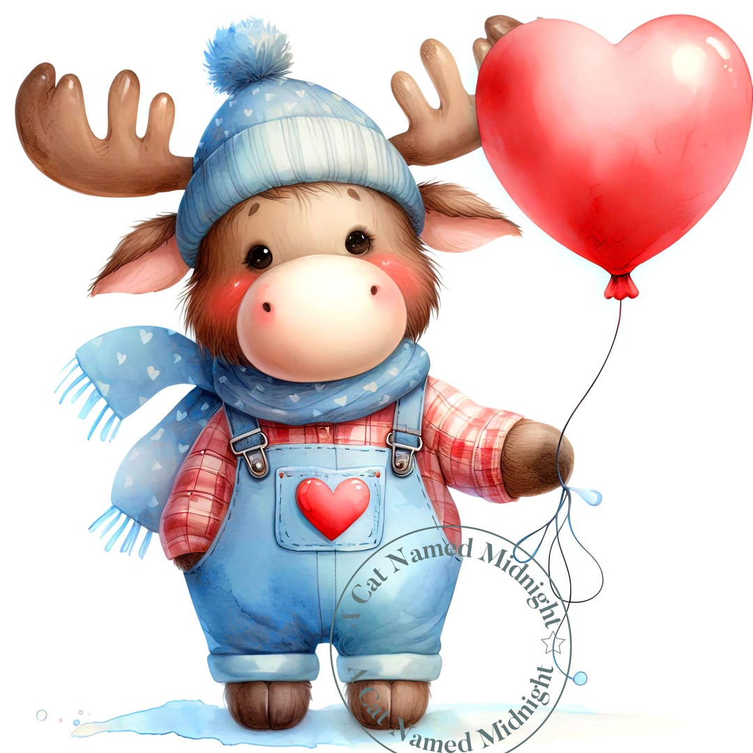 Cute Little Moose With a Heart Balloon Clipart 12 JPG Watercolor Clip ...