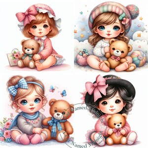 Sweet Baby Girl With Teddy Bear Clipart 12 Jpgs Little Girl Watercolor ...