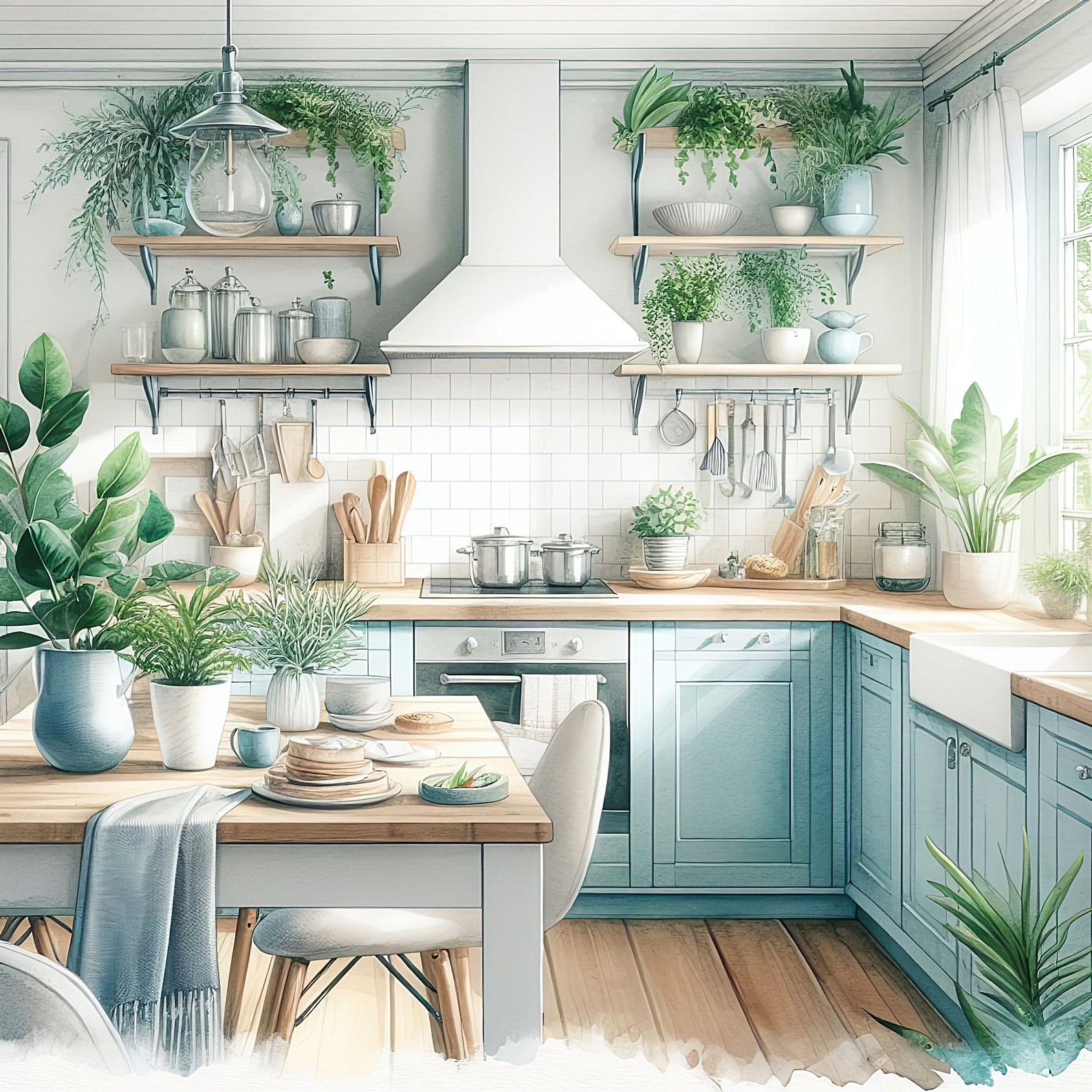 Watercolor Beach Cottage Kitchen Clipart Watercolor Kitchen Vintage ...