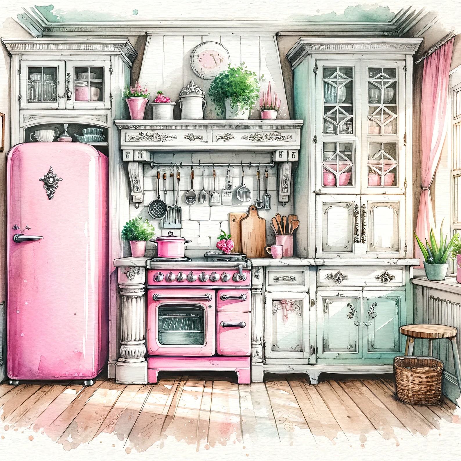 Watercolor Shabby Chic Retro Kitchen Clipart Pink Kitchen Vintage Clip ...