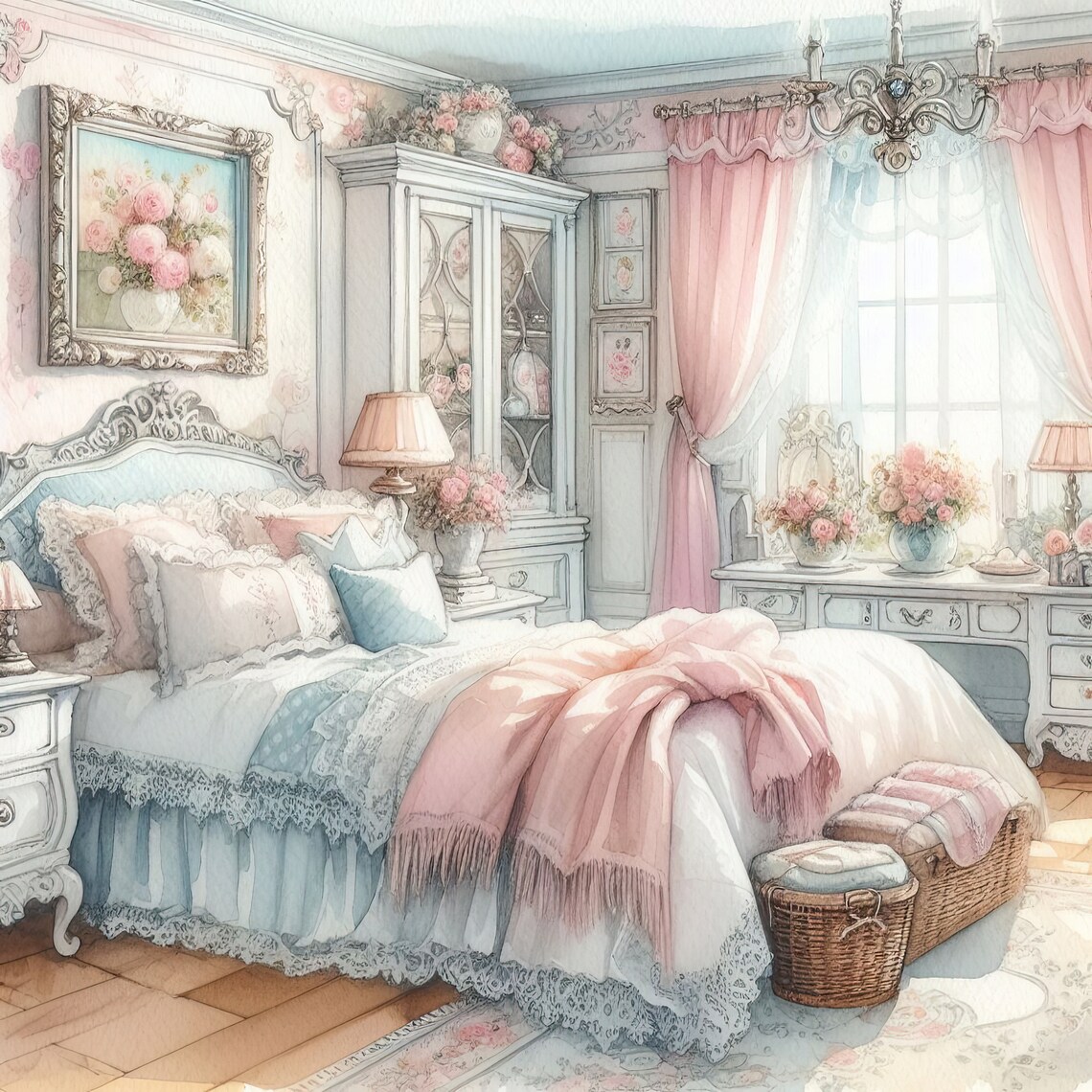 Watercolor Shabby Chic Bedroom Clipart Vintage Clip Art Watercolor ...
