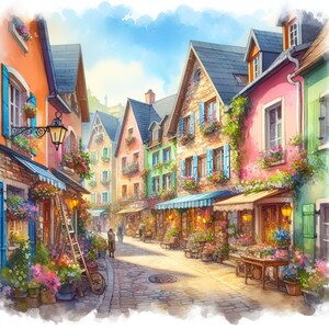 Watercolor French Village Clipart Bundle Vintage Clip Art Coloful House ...
