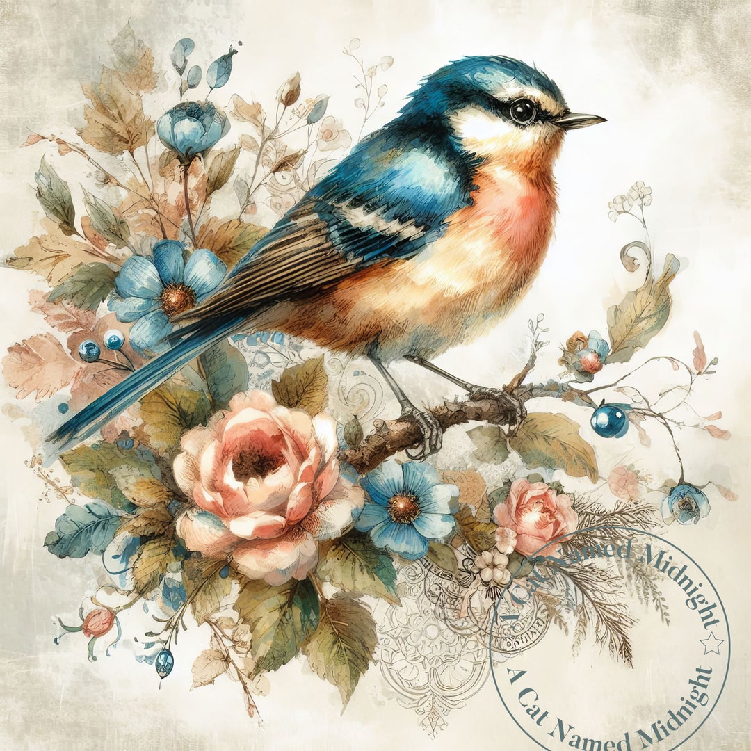 Shabby Chic Birds Vintage Style Clipart 12 JPG Images Watercolor Bird ...