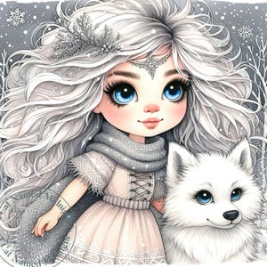 Snow Princess Clipart With White Wolf, 13 JPG Whimsical Winter Girl ...
