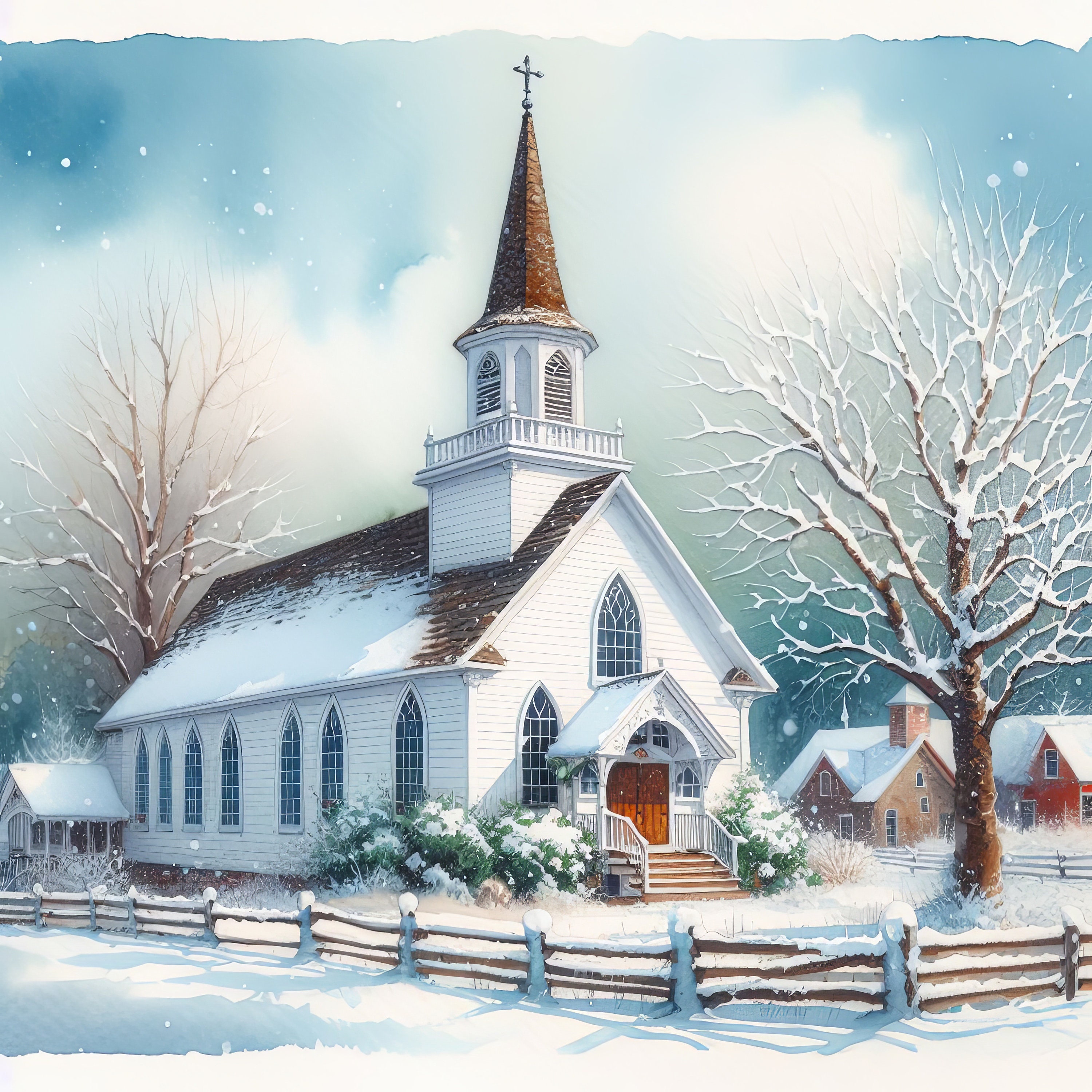10 Winter Country Church Clipart Bundle Watercolor Vintage Clip Art ...