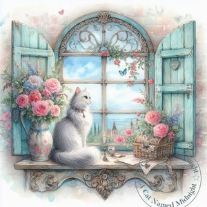 Cat Clipart 11 Watercolor Shabby Chic Cats in Windows Clip Art Cat ...