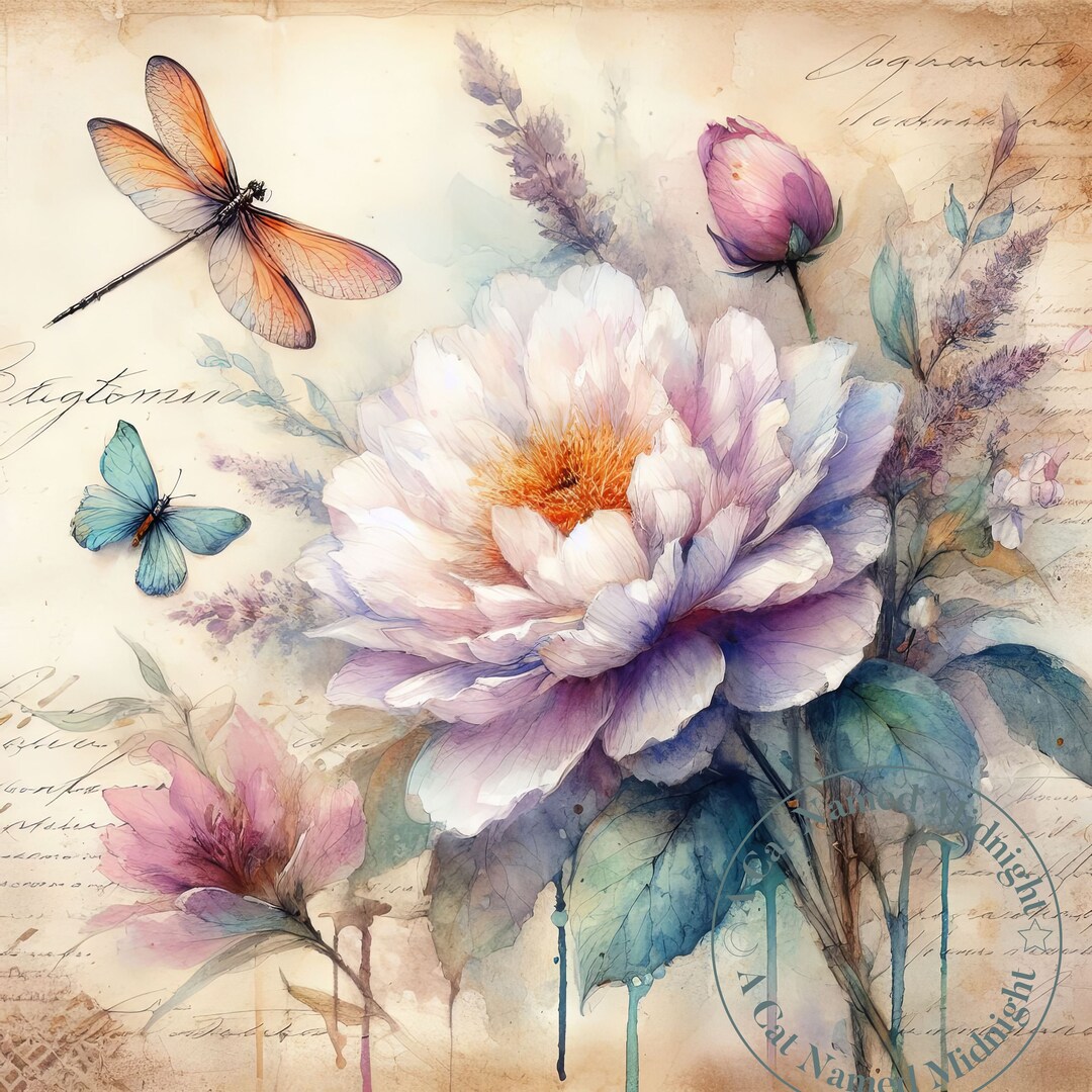 16 Shabby Chic Flowers on an Old Letter Clipart Floral Watercolor ...