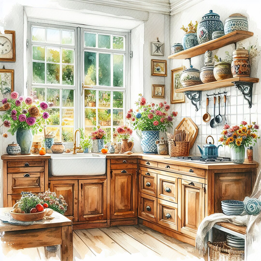 Watercolor Mountain Cabin Kitchen Clipart Watercolor Kitchen Clip Art ...