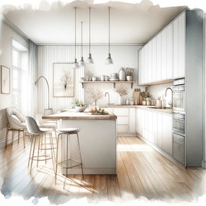 Watercolor Modern Farmhouse Kitchen Clipart Watercolor Cottage Kitchen ...