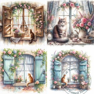 Cat Clipart 11 Watercolor Shabby Chic Cats in Windows Clip Art Cat ...