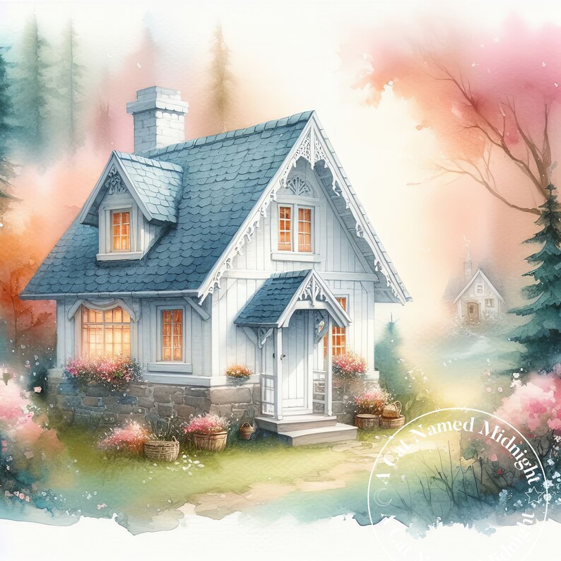 10 Tiny White Cottages Clipart Bundle Whimsical Cottages Watercolor ...
