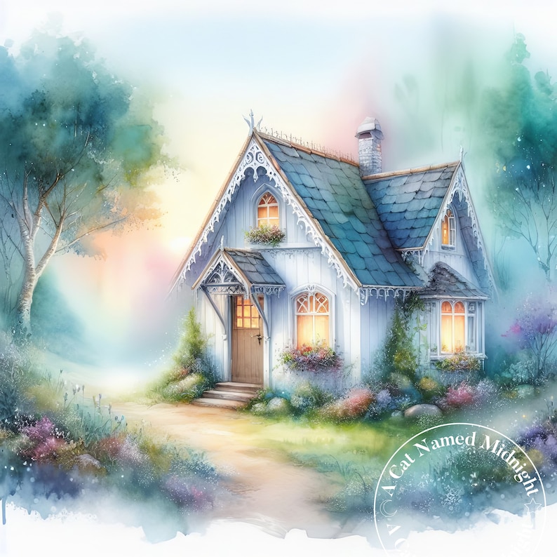 10 Tiny White Cottages Clipart Bundle Whimsical Cottages Watercolor ...
