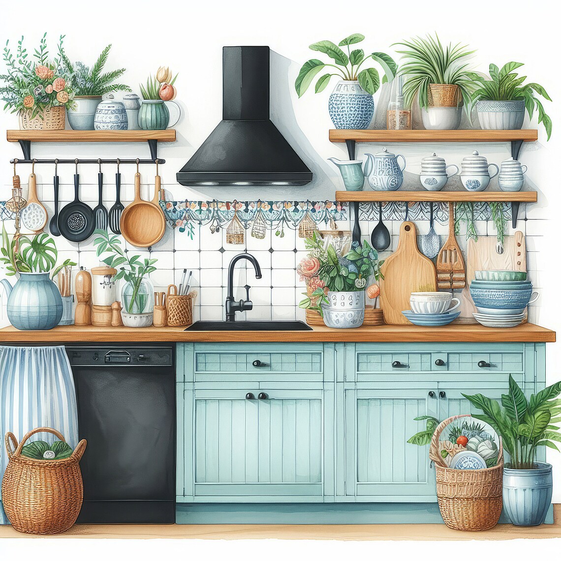 Watercolor Farmhouse Kitchen Clipart Watercolor Cottage Kitchen Clip ...