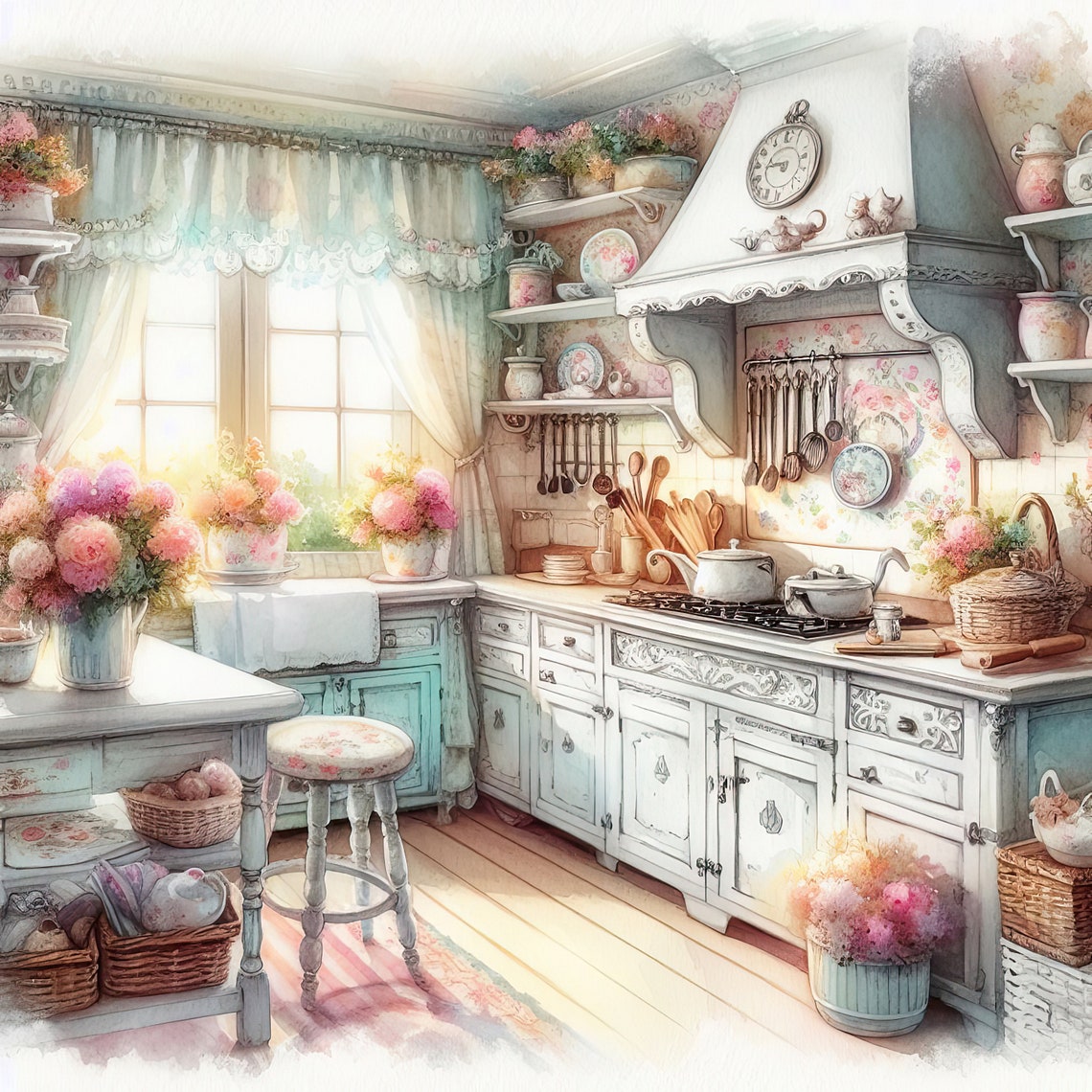Watercolor Shabby Chic Sunny Kitchen Clipart Kitchen Vintage Clip Art ...