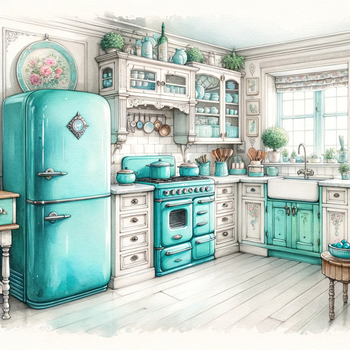 Watercolor Kitchen Clipart Turquoise Shabby Chic Kitchen Vintage Clip ...