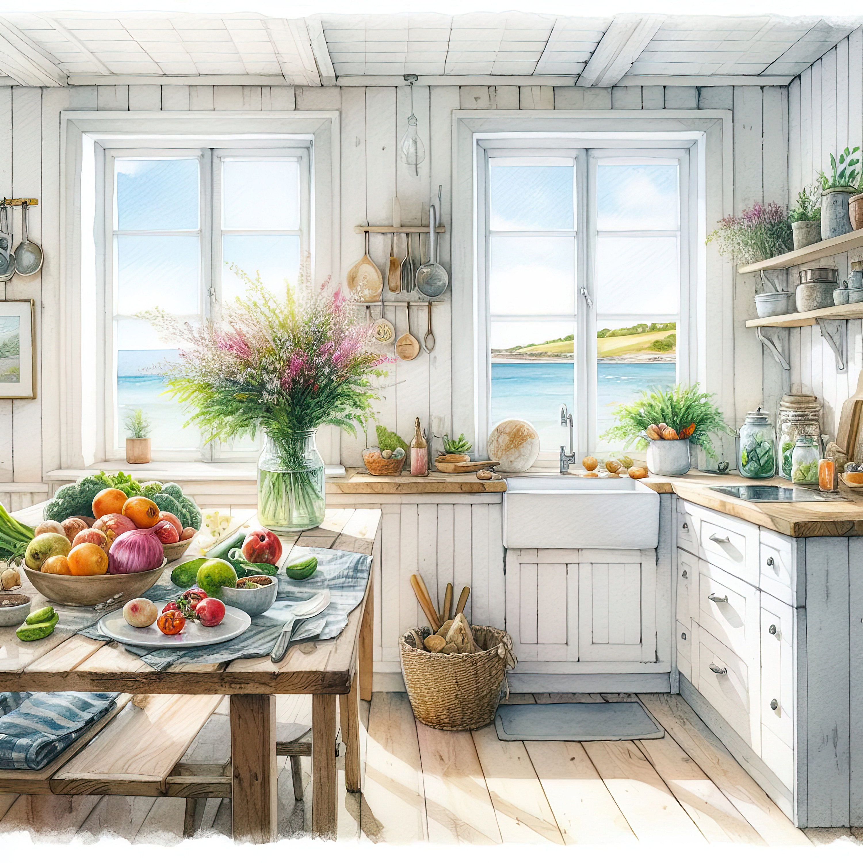 Watercolor Beach Cottage Kitchen Clipart Watercolor Kitchen Vintage ...