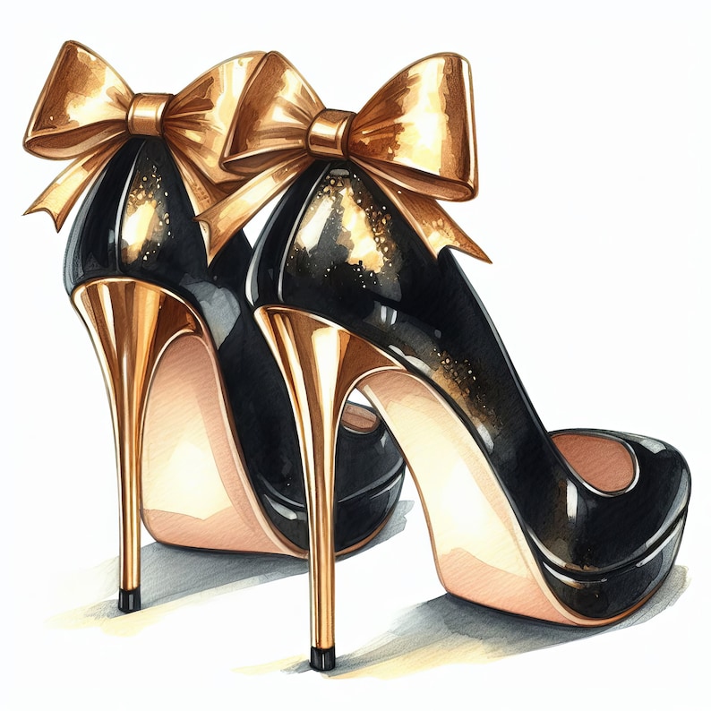 Watercolor High Heels Clipart Bundle Black and Gold High Heels Clip Art ...