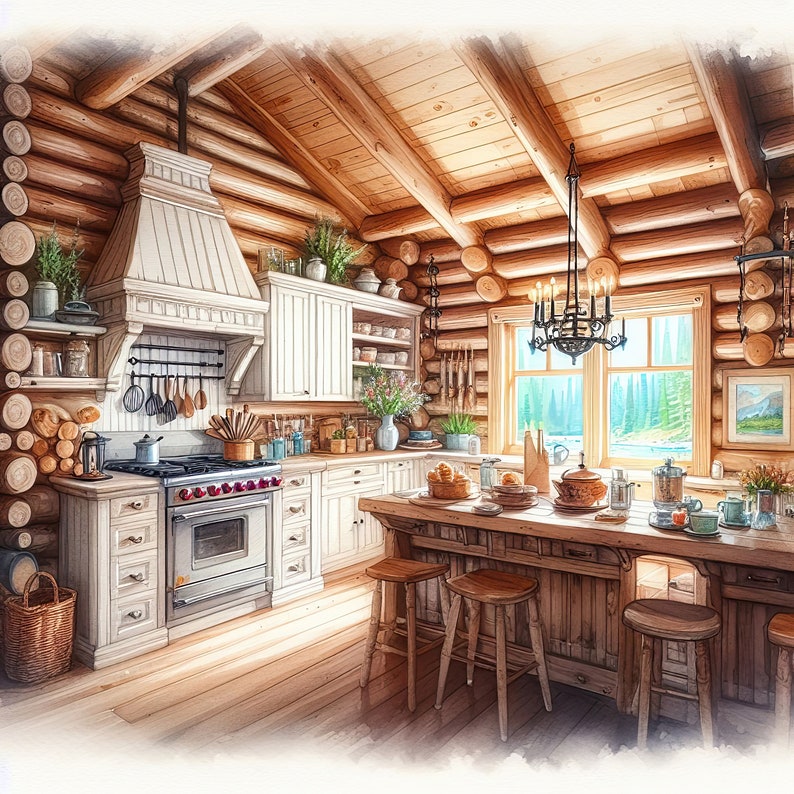 Watercolor Rustic Log Cabin Kitchen Clipart Country Kitchen Vintage ...