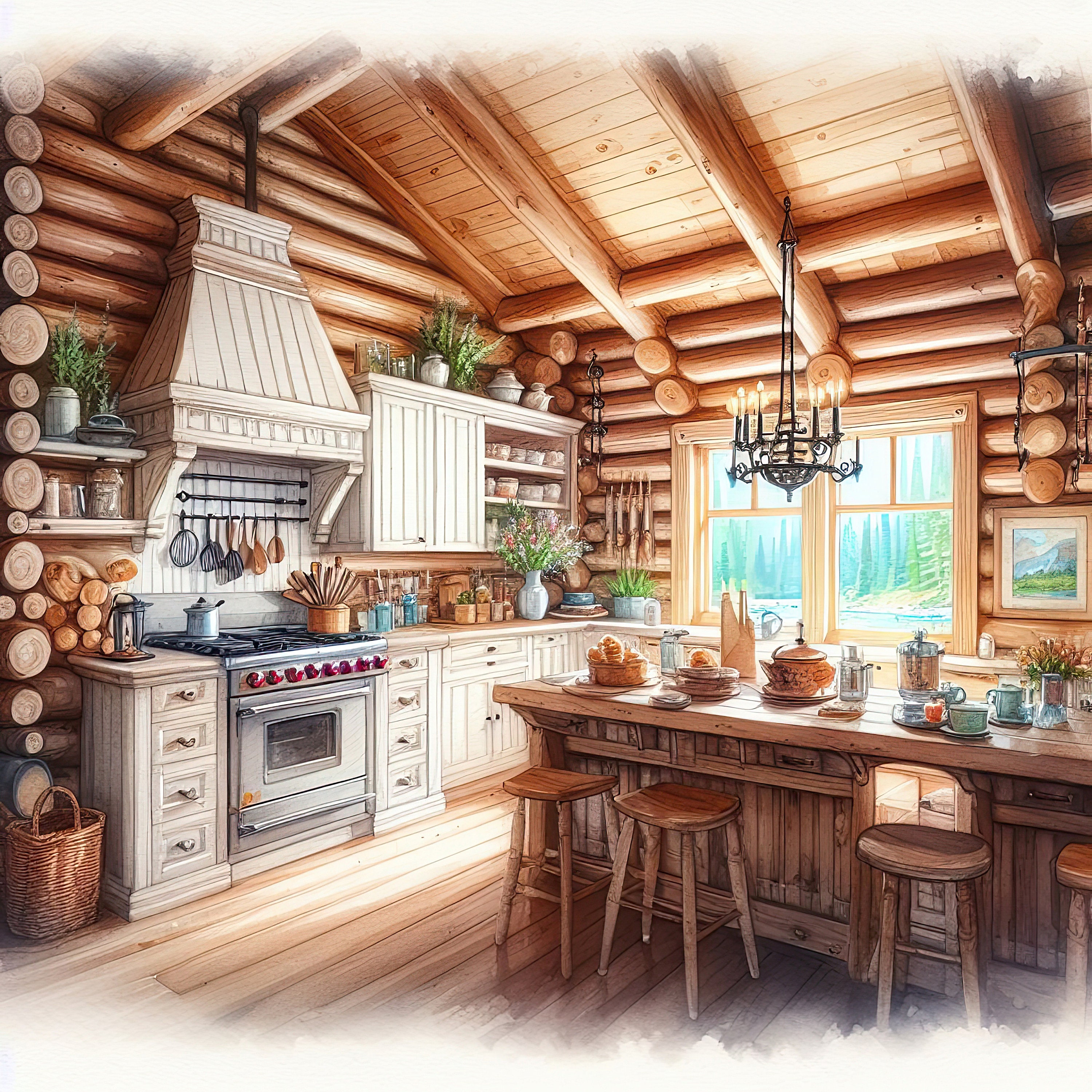 Watercolor Rustic Log Cabin Kitchen Clipart Country Kitchen Vintage ...