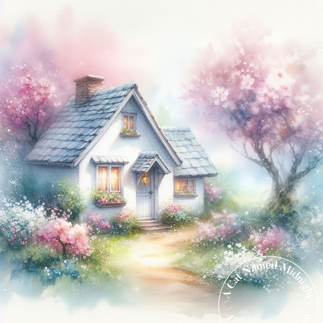 10 Tiny White Cottages Clipart Bundle Whimsical Cottages Watercolor ...