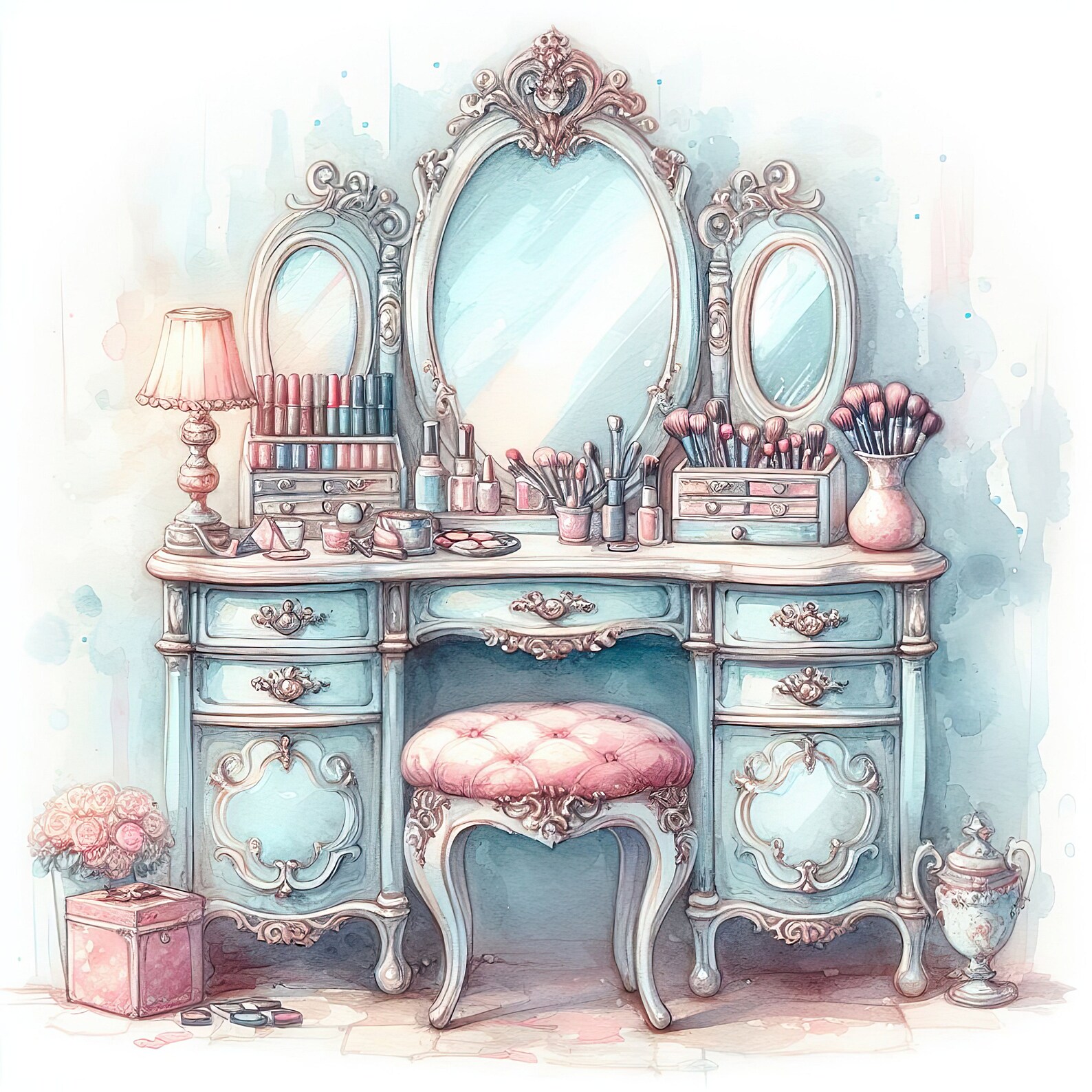 Watercolor Shabby Chic Vanity Dressing Table Clipart Vintage Clip Art ...
