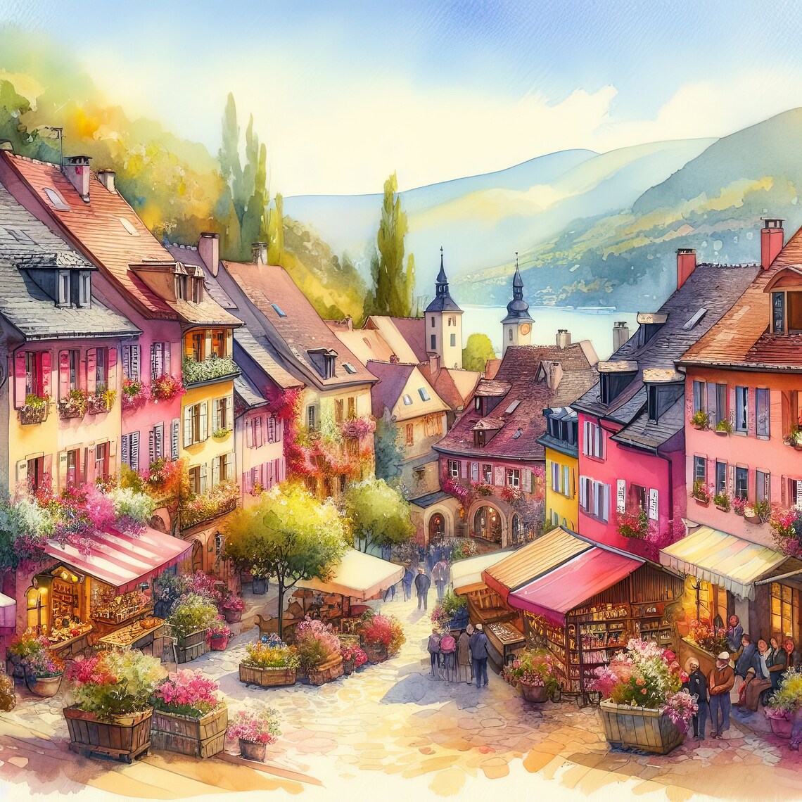 Watercolor French Village Clipart Bundle Vintage Clip Art Coloful House ...