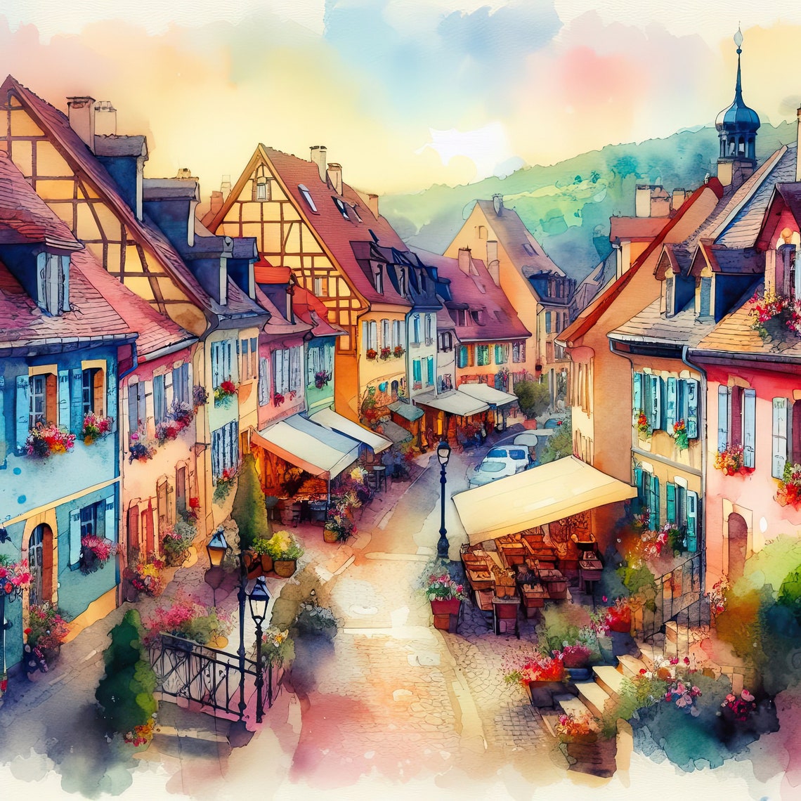 Watercolor French Village Clipart Bundle Vintage Clip Art Coloful House ...