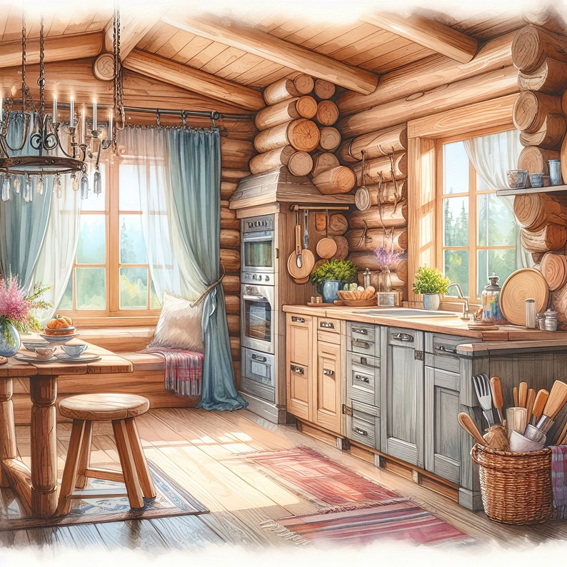 Watercolor Rustic Log Cabin Kitchen Clipart Country Kitchen Vintage ...