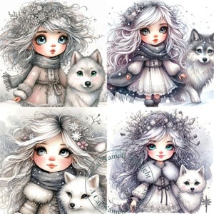 Snow Princess Clipart With White Wolf, 13 JPG Whimsical Winter Girl ...
