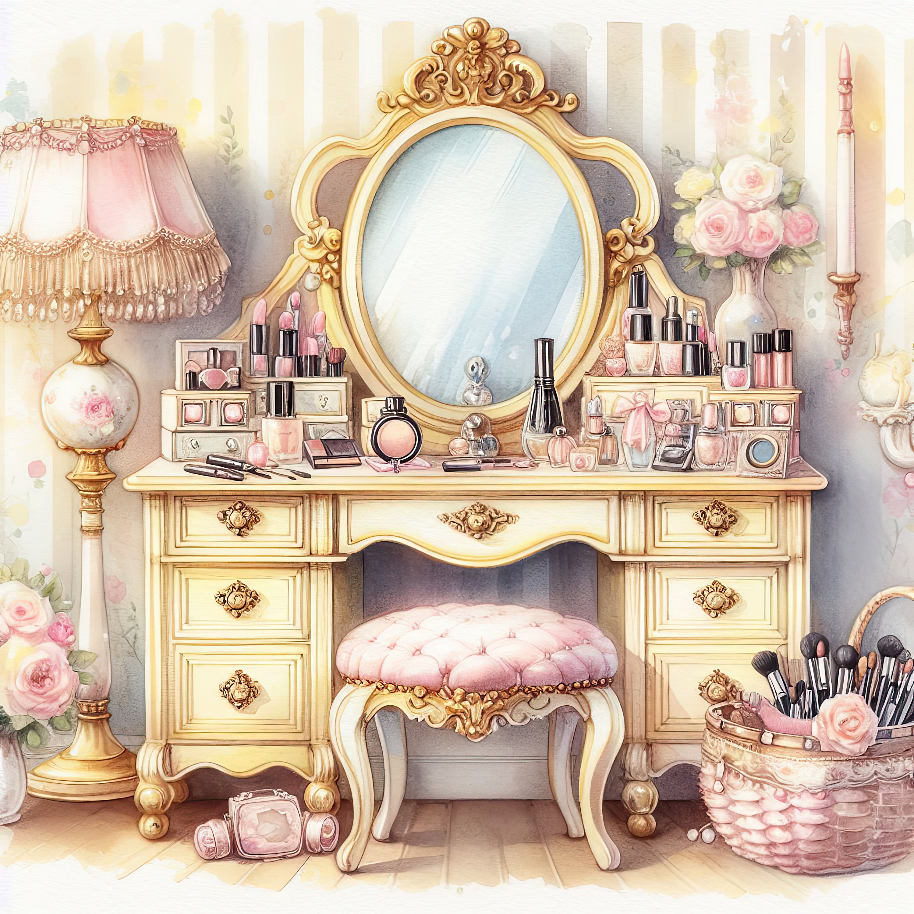 Watercolor Shabby Chic Vanity Dressing Table Clipart Vintage Clip Art ...
