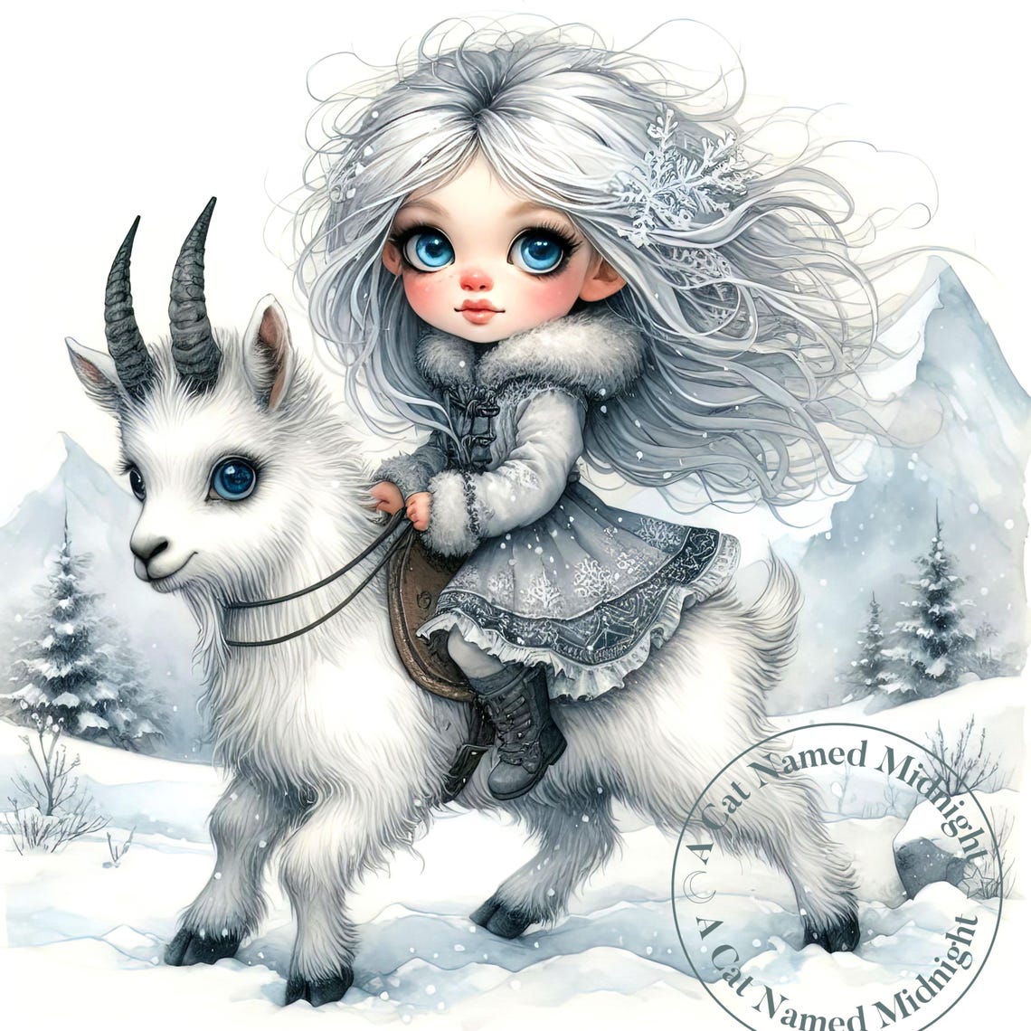 Snow Princess and Her Mountain Goat Clipart 11 JPG Whimsical Clip Art ...
