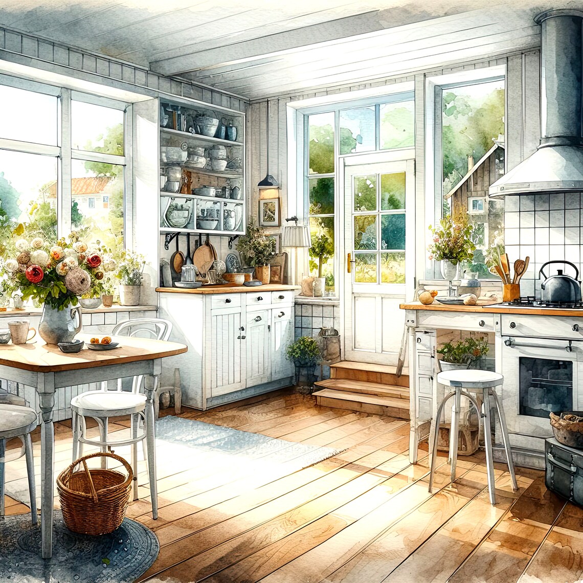 Watercolor Mountain Cabin Kitchen Clipart Watercolor Kitchen Clip Art ...