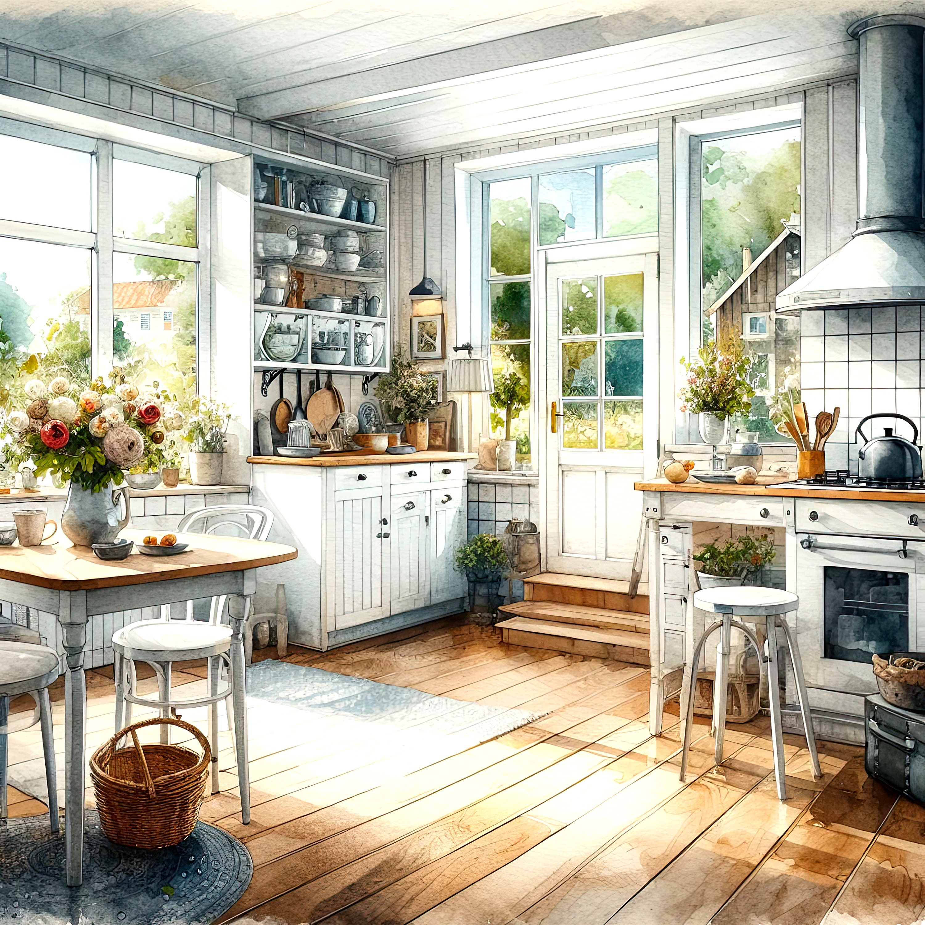 Watercolor Mountain Cabin Kitchen Clipart Watercolor Kitchen Clip Art ...