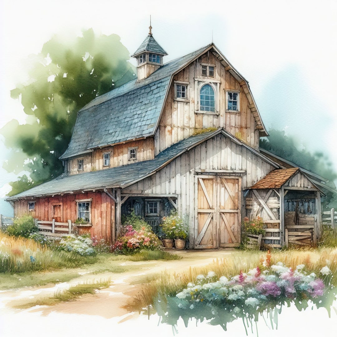 Watercolor Old Rustic Red Barn Clipart Bundle Vintage Clip Art Barn ...
