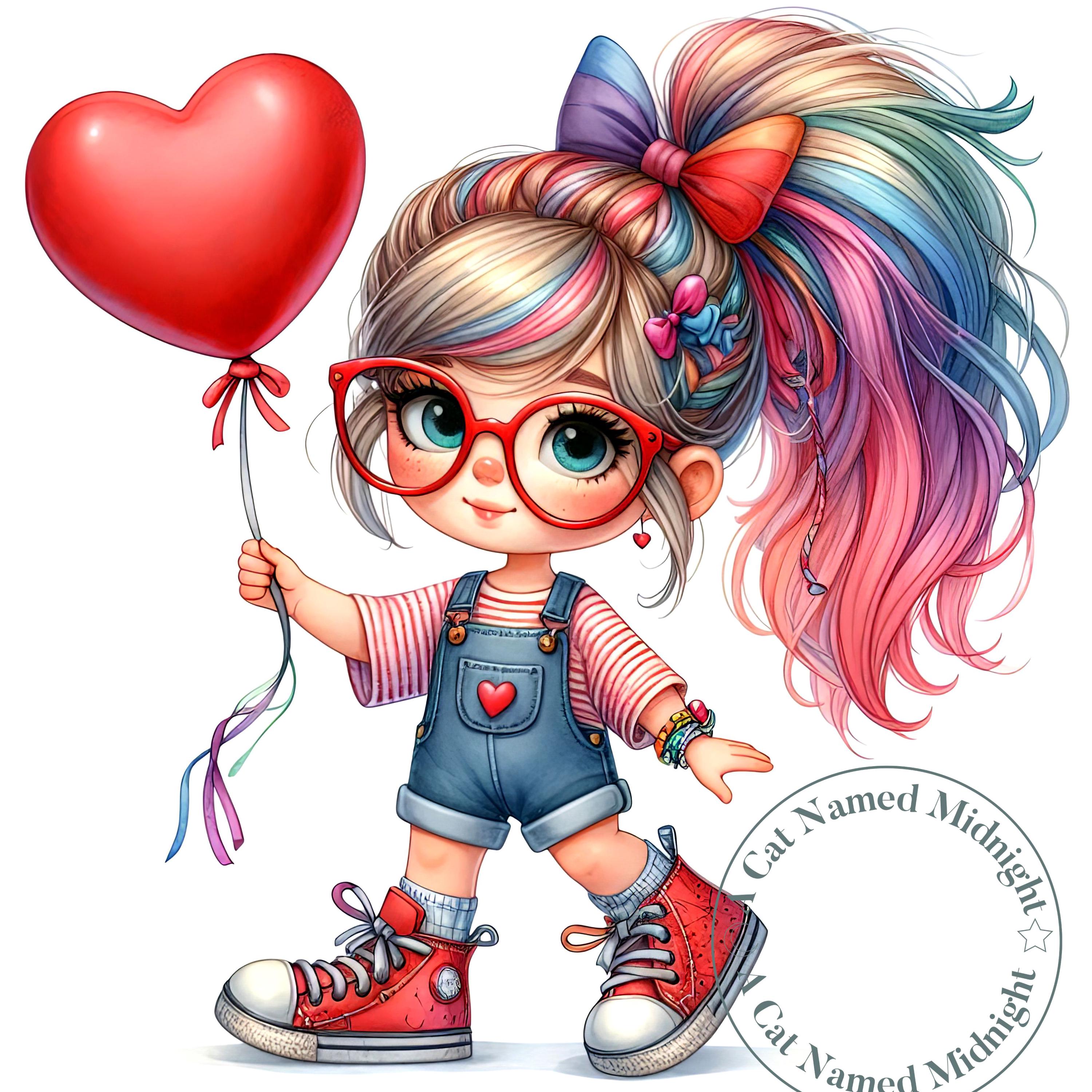 Cute Quirky Girl With a Heart Balloon Clipart 13 JPG Valentine Sweetest ...