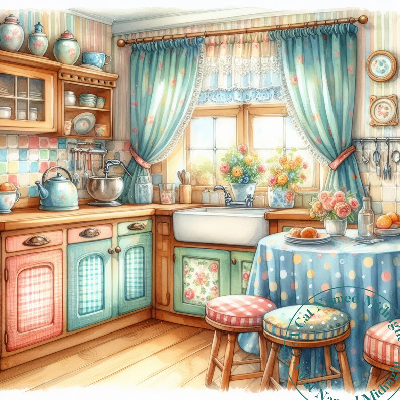 Watercolor Cute Retro Kitchen Clipart Shabby Chic Kitchen Vintage Clip ...