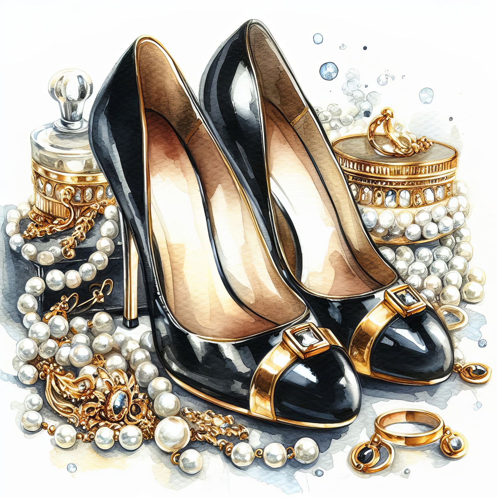 Watercolor High Heels Clipart Bundle Black and Gold High Heels Clip Art ...