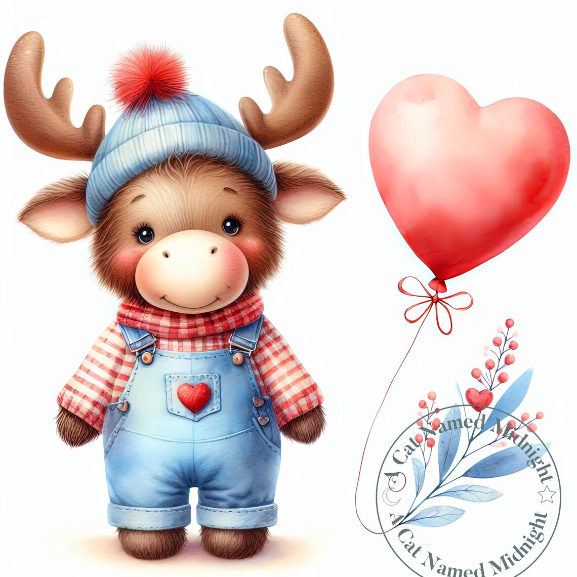 Cute Little Moose With a Heart Balloon Clipart 12 JPG Watercolor Clip ...