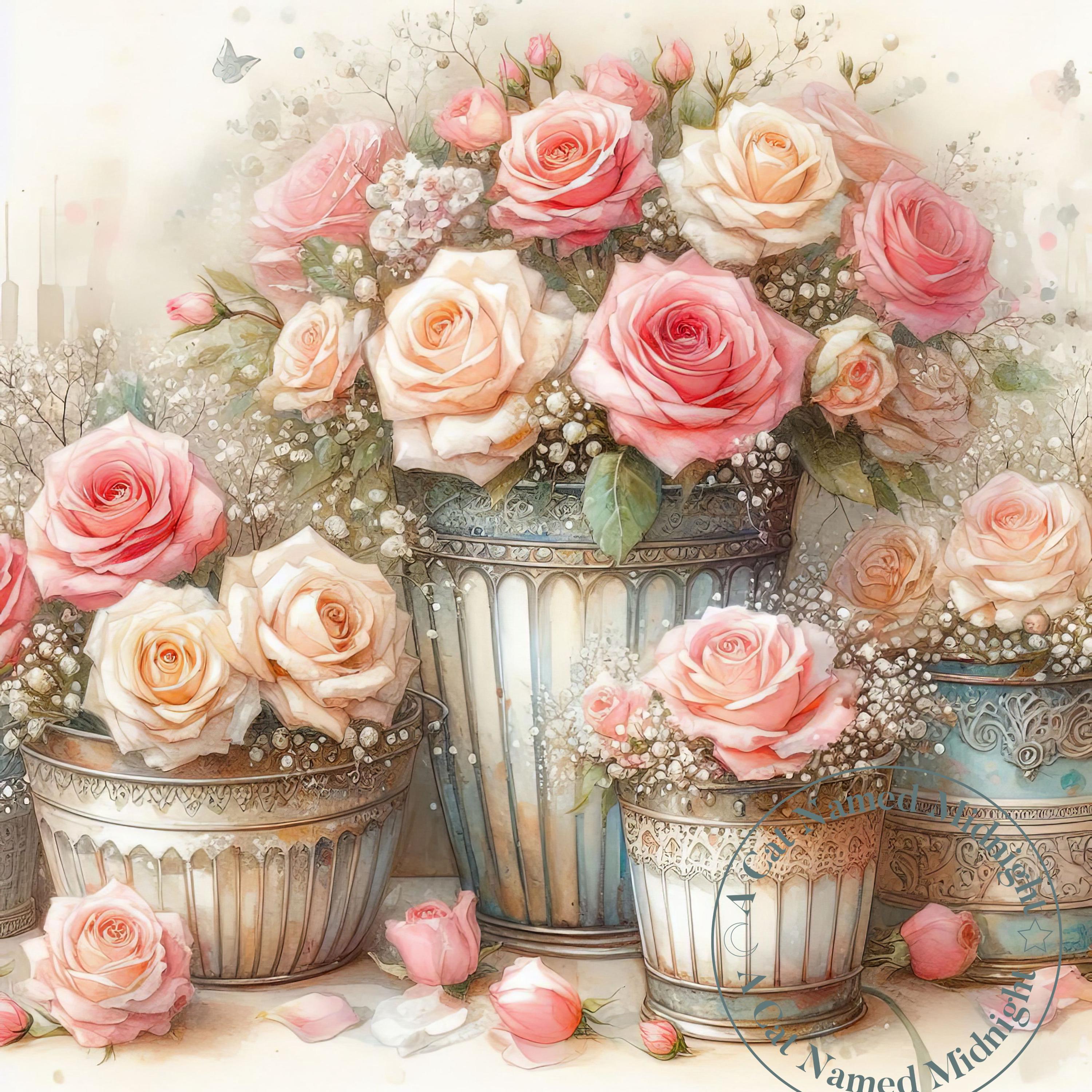 15 Shabby Chic Roses Clipart Roses and Baby's Breath in Vintage Cans ...