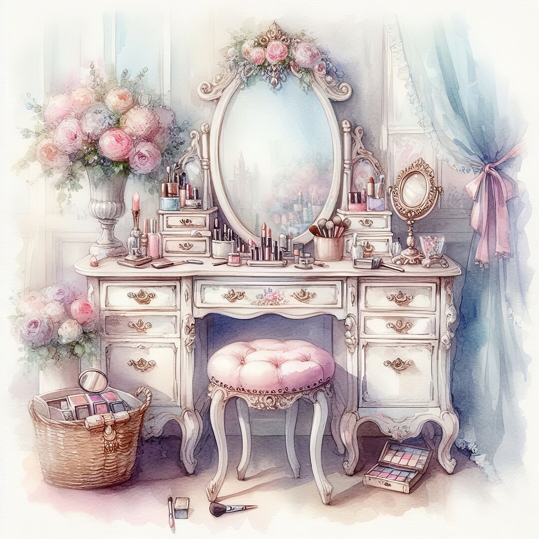 Watercolor Shabby Chic Vanity Dressing Table Clipart Vintage Clip Art ...