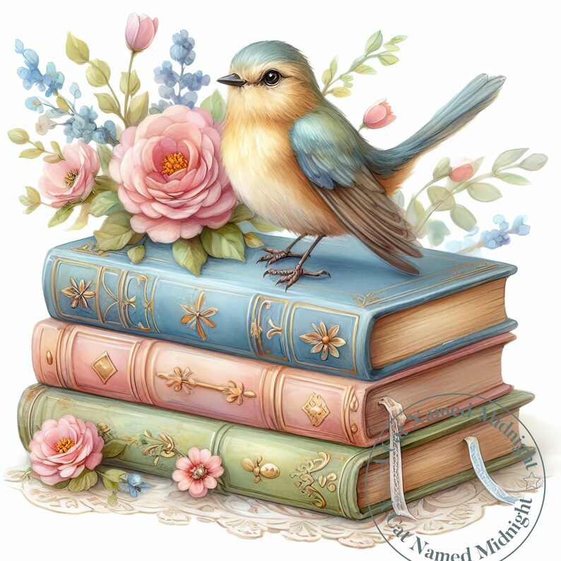 10 Shabby Chic Books and Birds Clipart Images Watercolor Book Lover ...