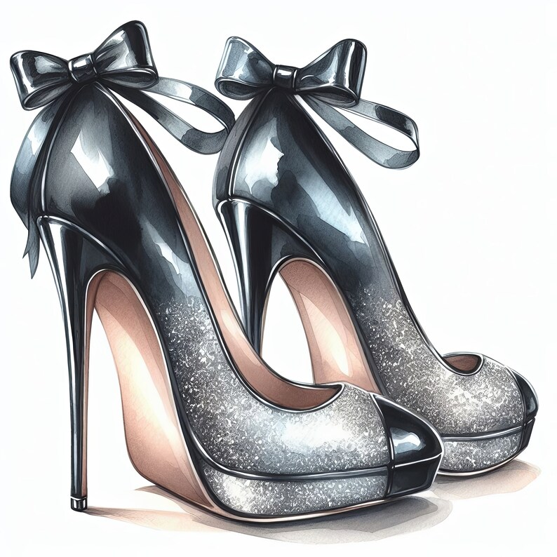Watercolor High Heels Clipart Bundle Black and Silver High Heels Clip ...