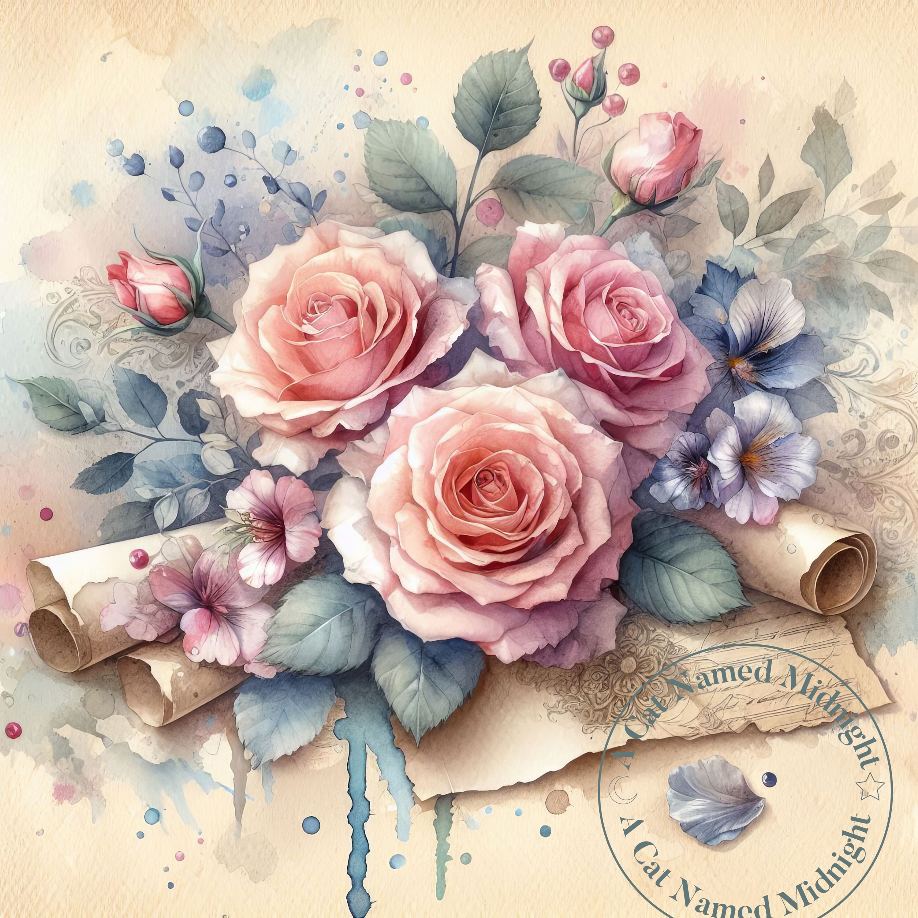 10 Shabby Chic Roses on Parchment Paper Clipart Shabby Chic Floral ...