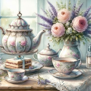 Shabby Chic Tea Cups Clipart 8 JPG Images Watercolor Clip Art Bundle ...
