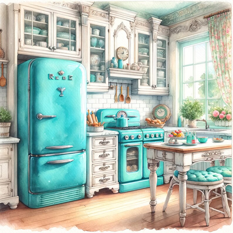 Watercolor Kitchen Clipart Turquoise Shabby Chic Kitchen Vintage Clip ...