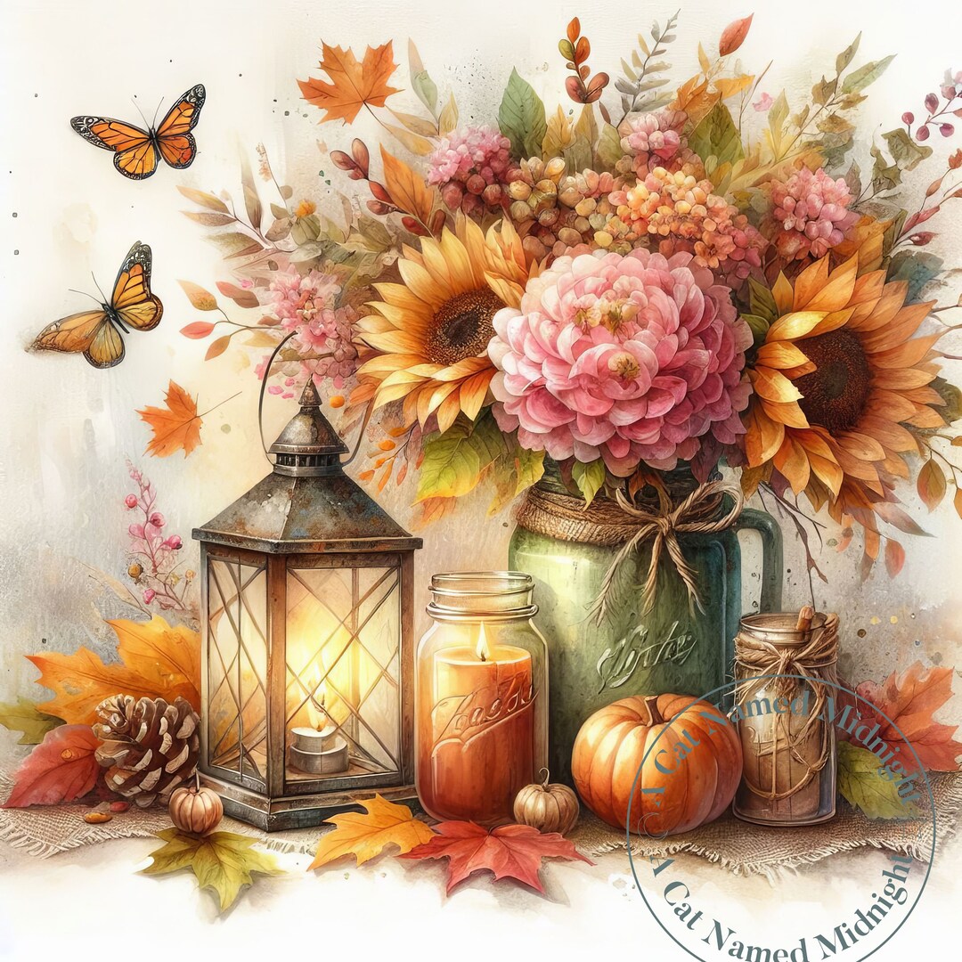 10 Autumn Mason Jar Flowers and Lanterns Clipart Shabby Chic Floral ...