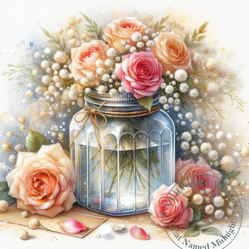 Roses in Mason Jars Clipart 10 JPG Shabby Chic Rose Clip Art Floral ...